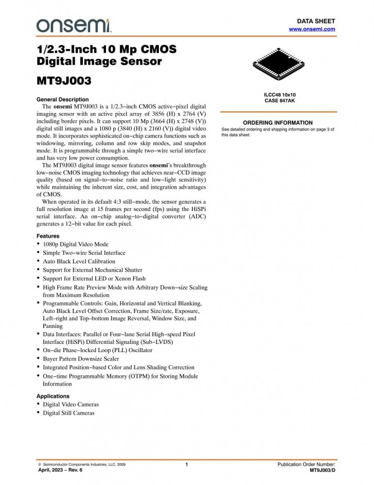 MT9J003 datasheet page 1