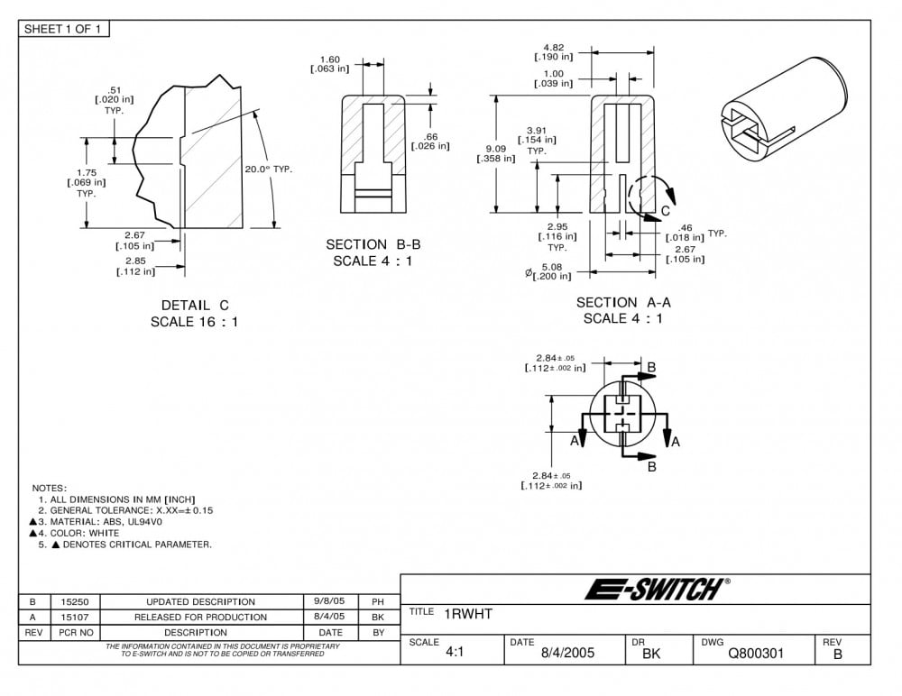 E-Switch 1RWHT mechanical drawing