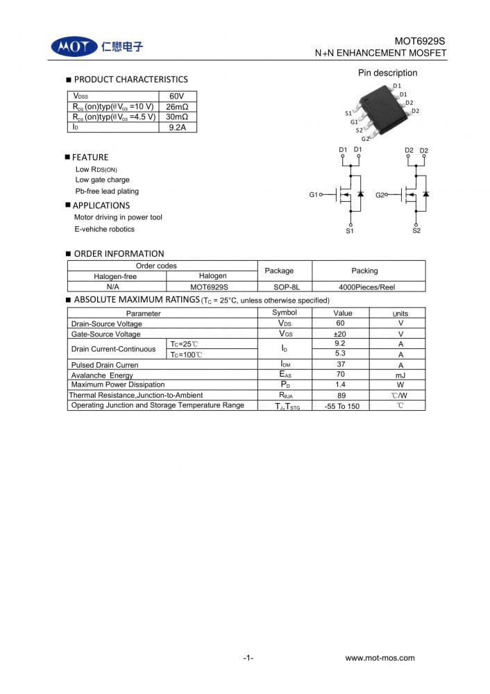 MOT6929S datasheet page 1