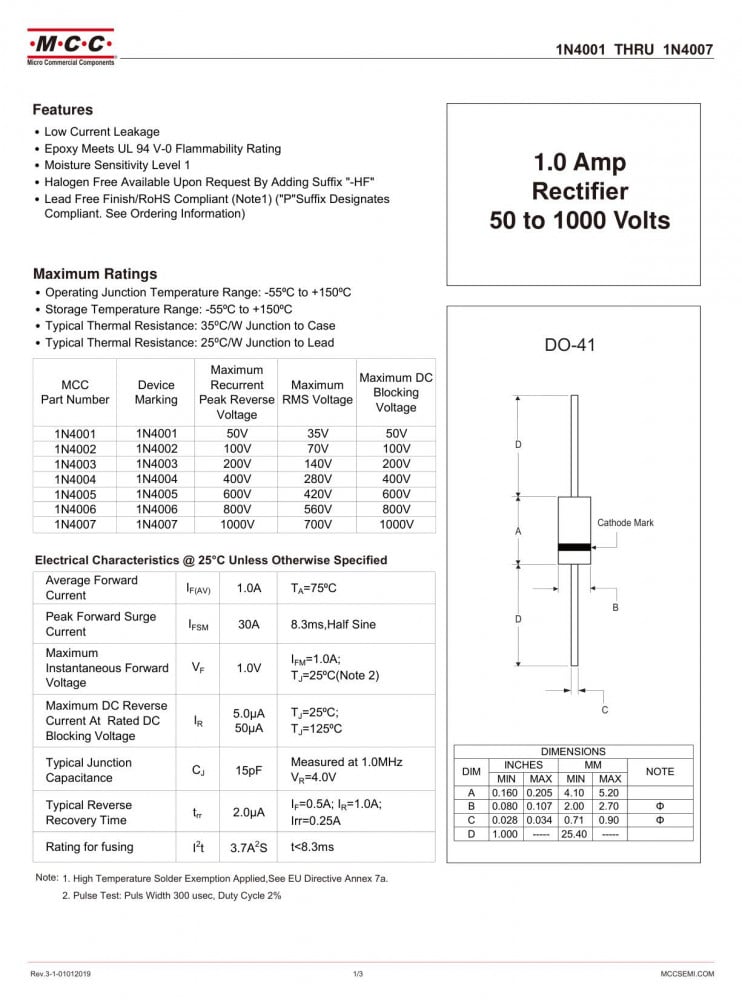 MCC 1N4007-TP datasheet page 1
