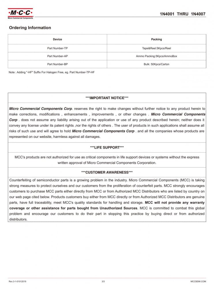 MCC 1N4007-TP datasheet page 3