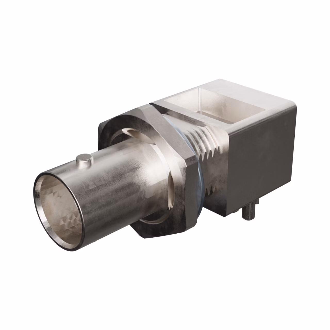 BNC Jack, Right-Angle, Bulkhead Receptacle, PCB, Die Cast Body, Nickel (Ni) Plated, Housing Height 12.70mm, with Jam Nut and Washer, Tray, 75 Ohms for sale