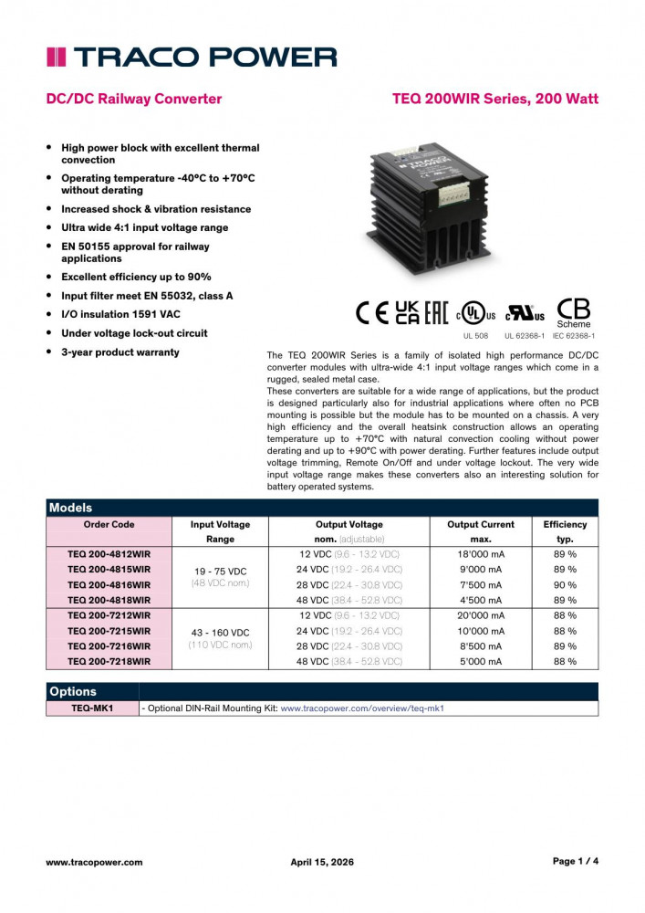 TEQ 200WIR technical document page 1