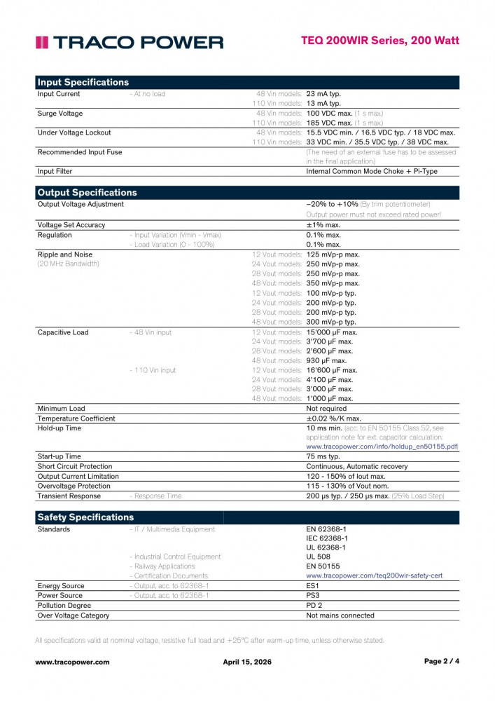 TEQ 200WIR technical document page 2