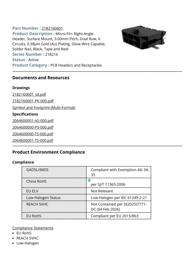MOLEX 2182160601 product visual, page 1