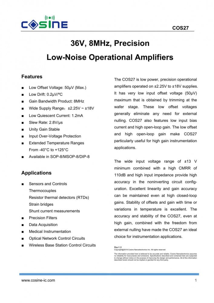 COS27SR datasheet page 1