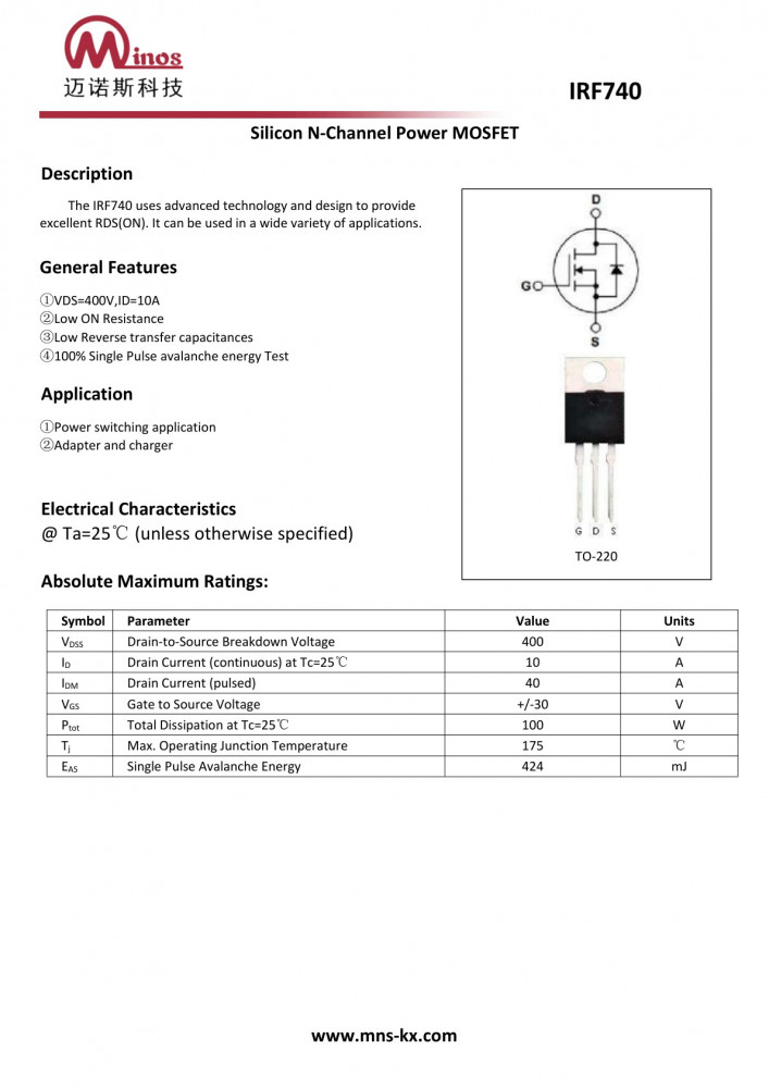 IRF740 datasheet page 1