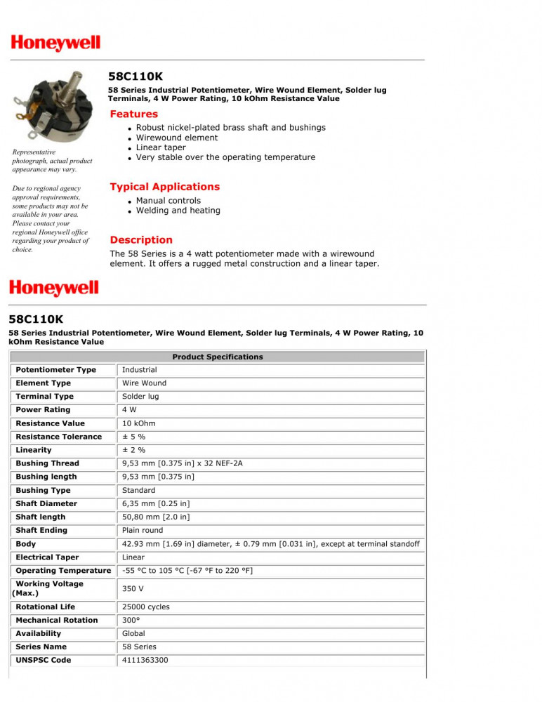 Honeywell 58C1-10K technical document page 1