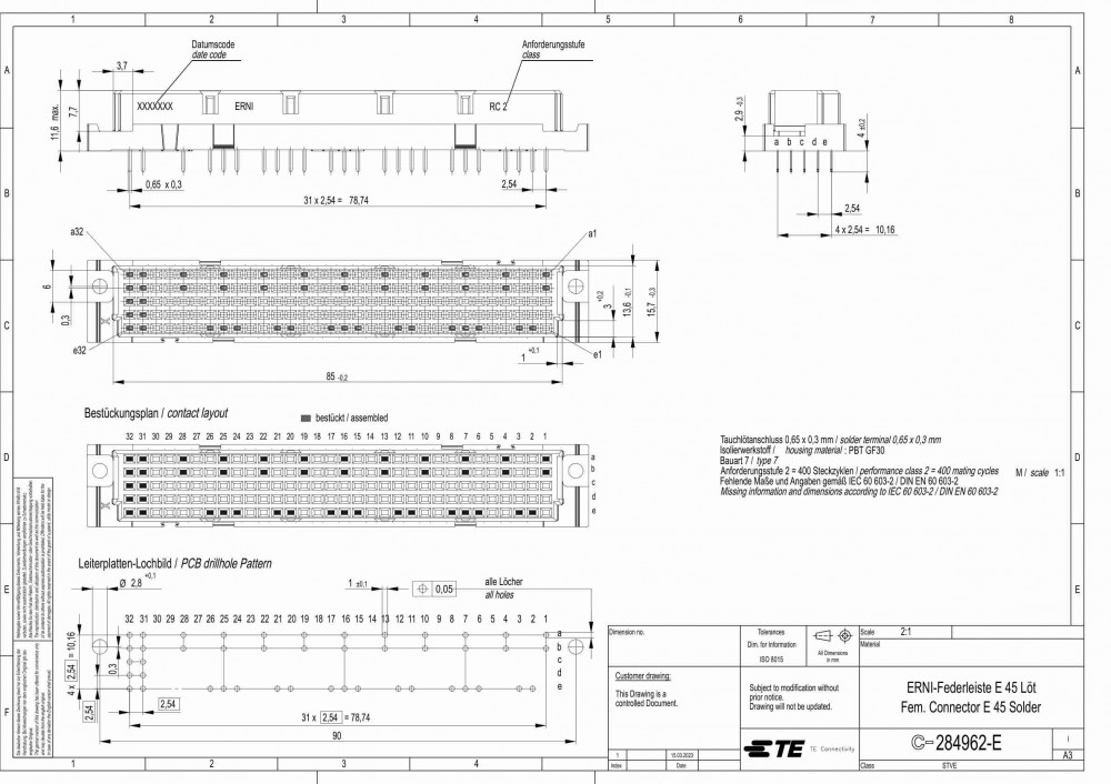 284962-E product drawing showing connector layout and PCB pattern