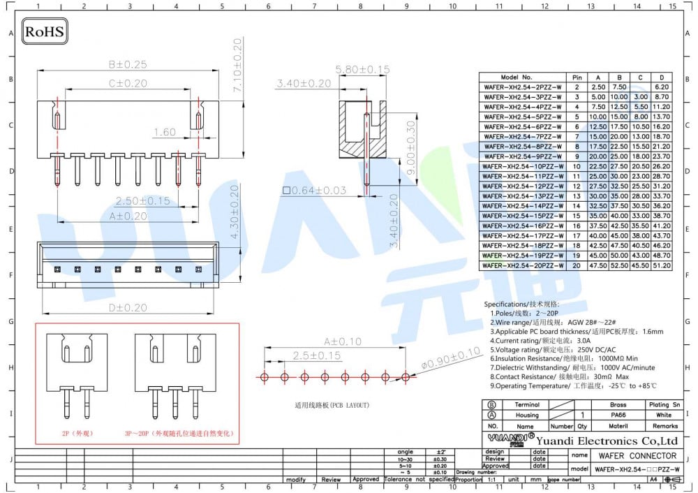 YUANDI WAFER-XH2.54-4PZZ-W technical drawing