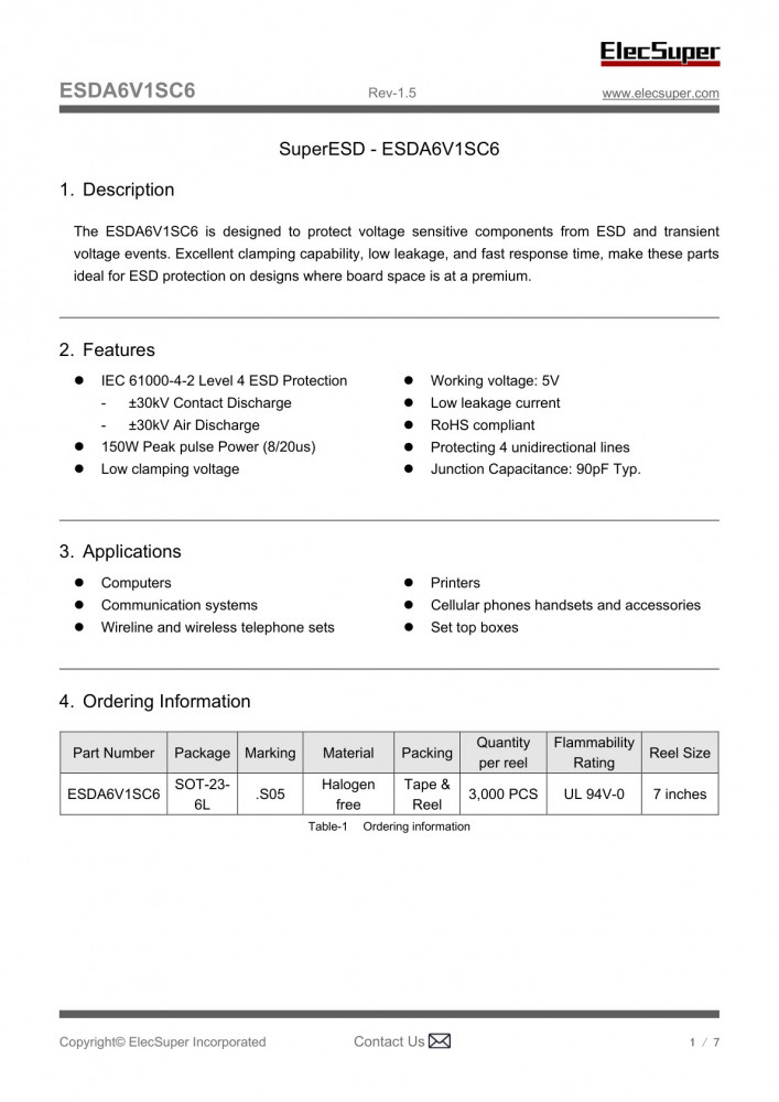 ESDA6V1SC6 datasheet page 1