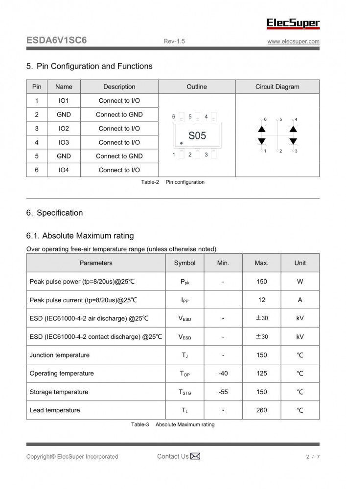 ESDA6V1SC6 datasheet page 2