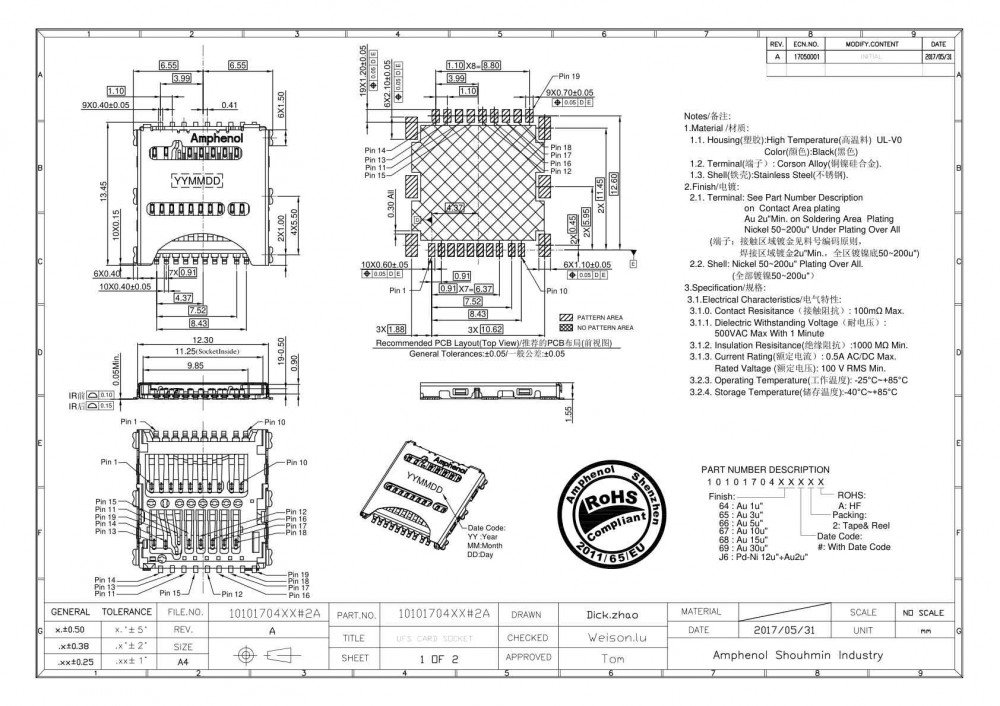 Amphenol UFS card socket drawing page 1