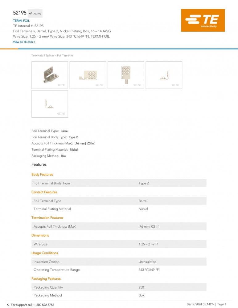 TE Connectivity 52195 technical document page 1
