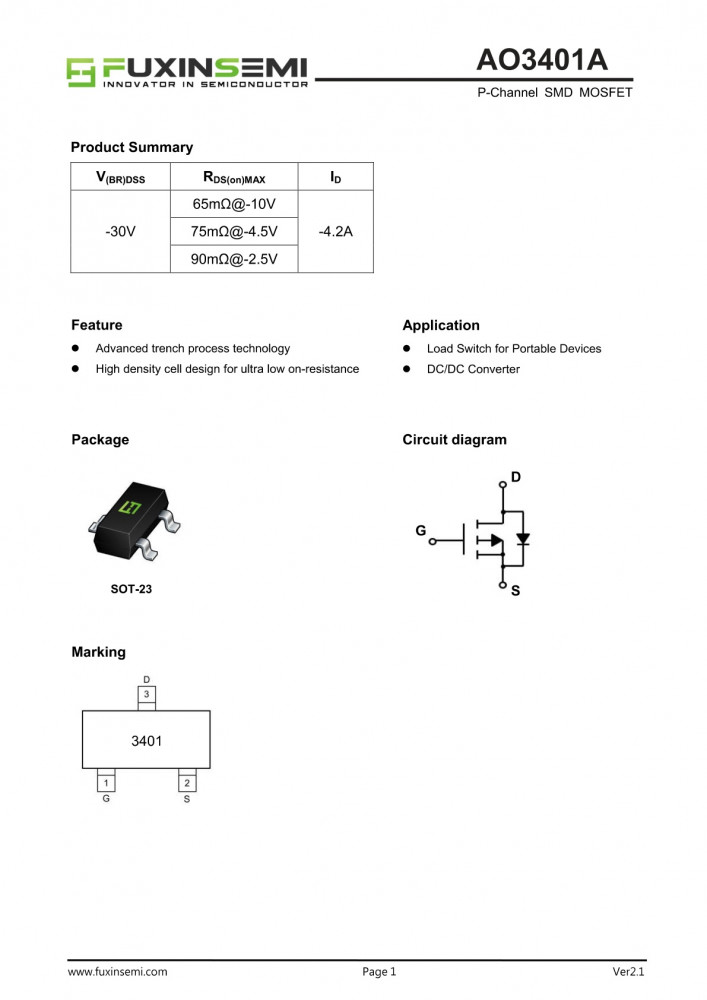 AO3401A datasheet page 1