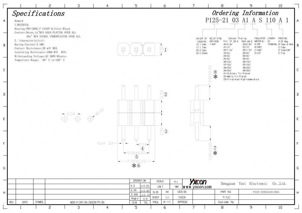 Yxcon P125-2103A1AS110A1 technical drawing