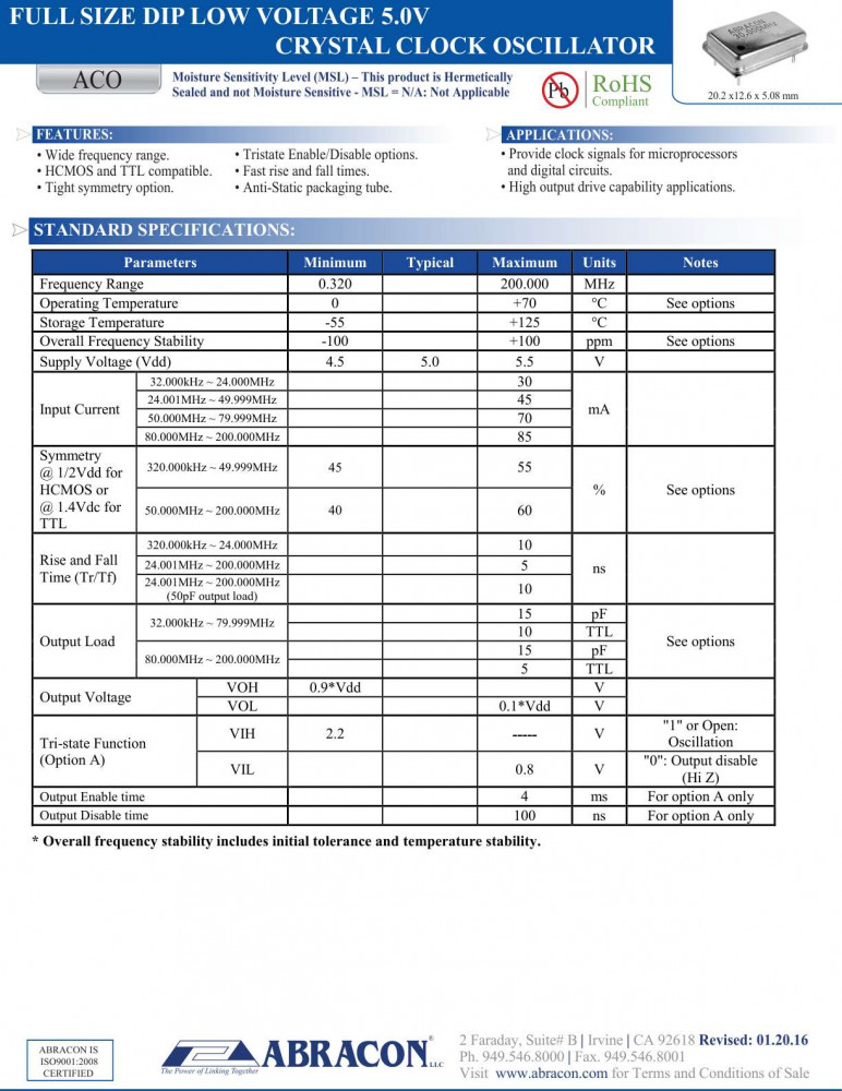 ACO oscillator datasheet page 1