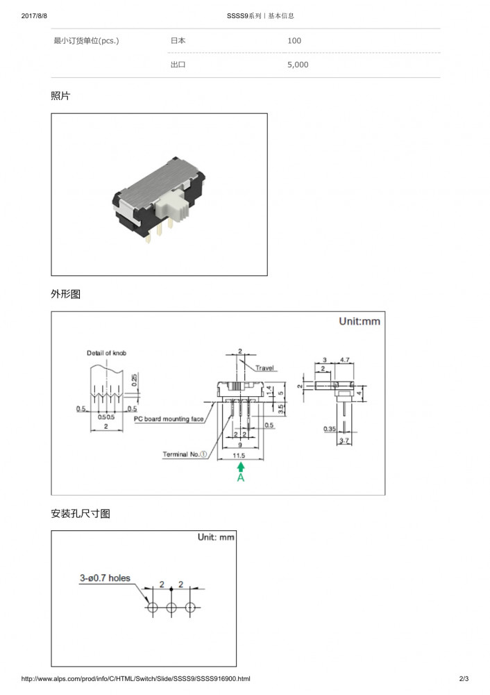ALPSALPINE SSSS916900 mounting hole dimensions