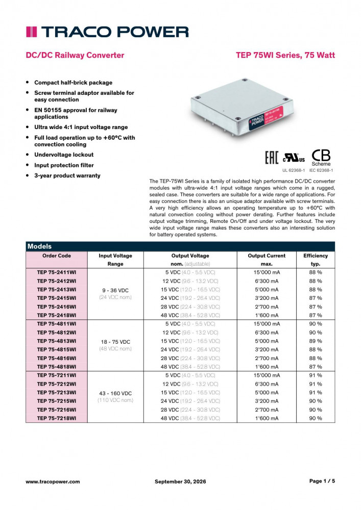 TEP 75WI series datasheet preview, page 1