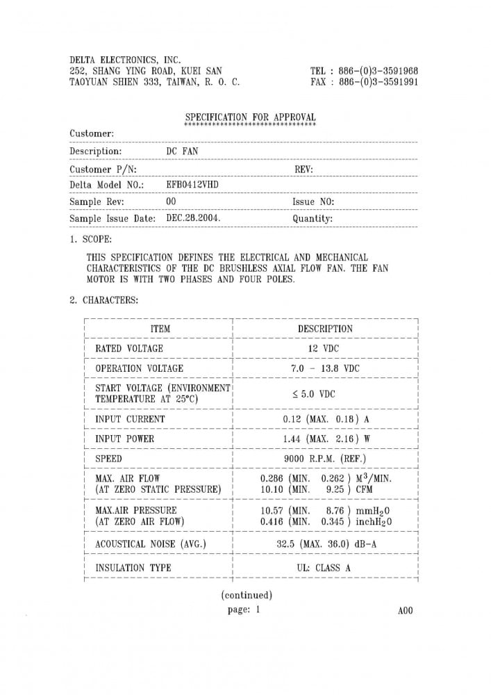 EFB0412VHD specification page 1