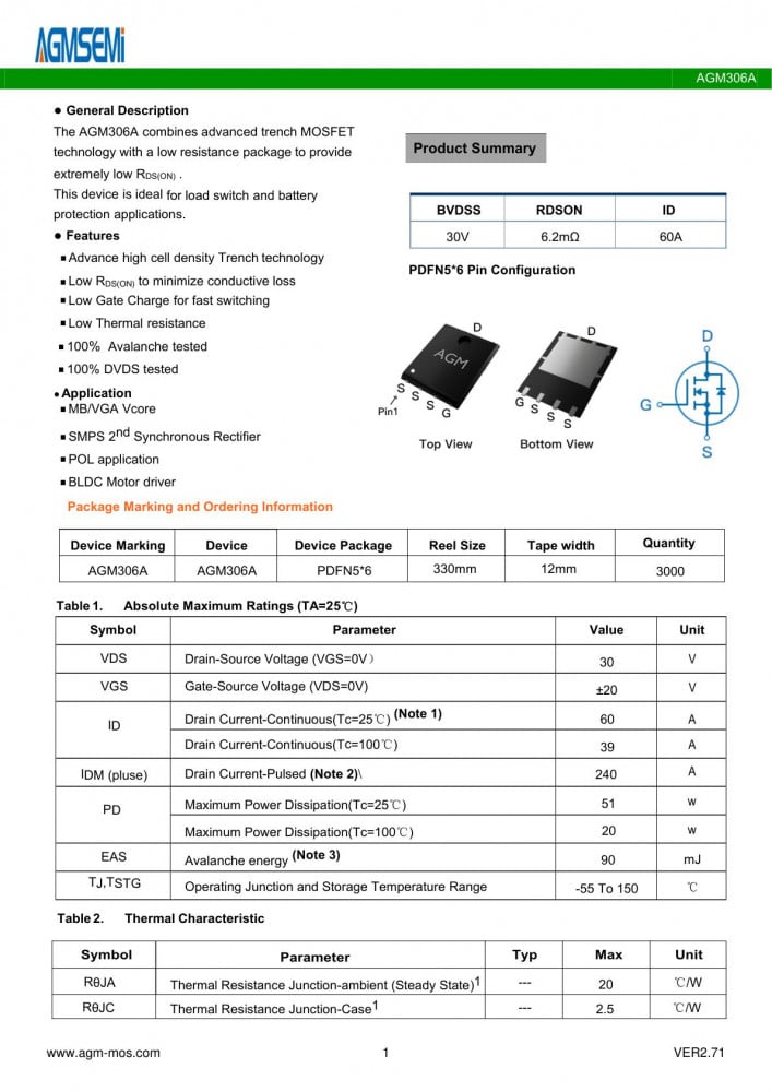 AGM306A datasheet page 1