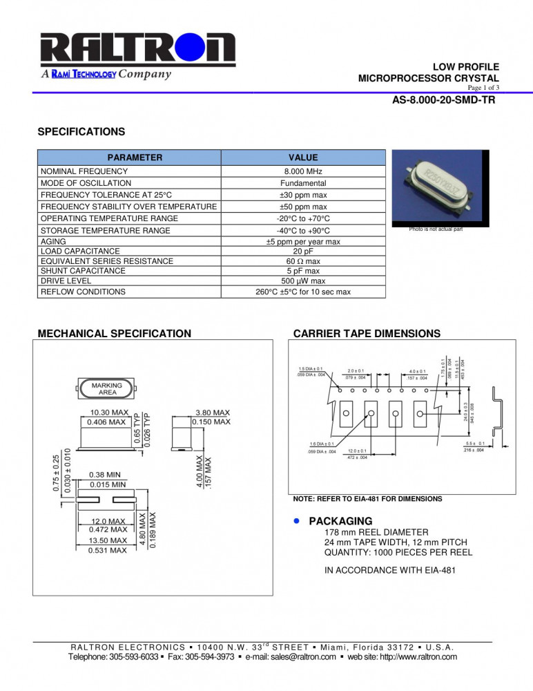 Raltron AS-8.000-20-SMD-TR datasheet page 1