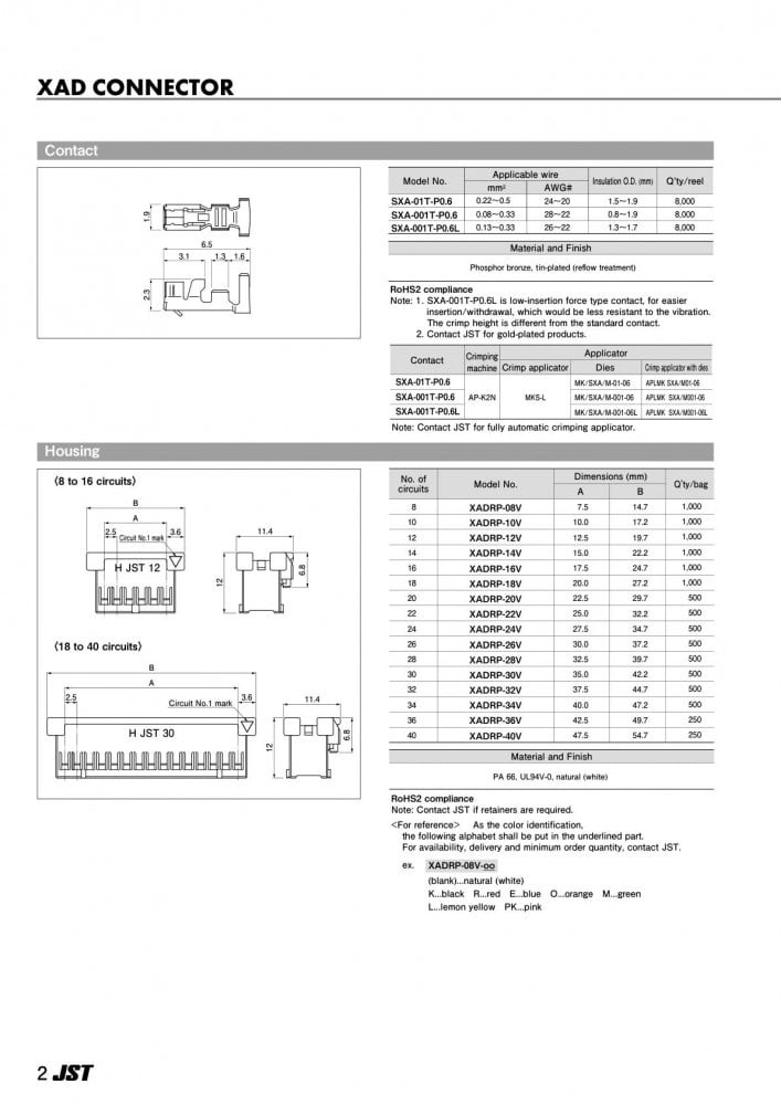 JST XAD series contact and housing page