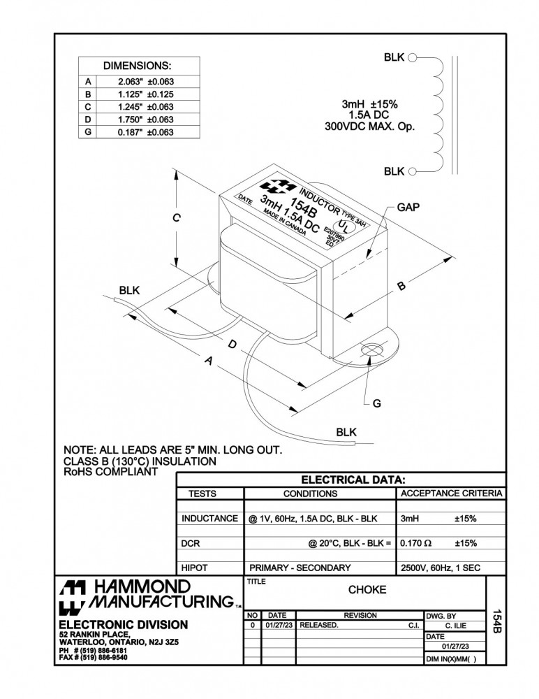 Hammond 154B technical drawing page