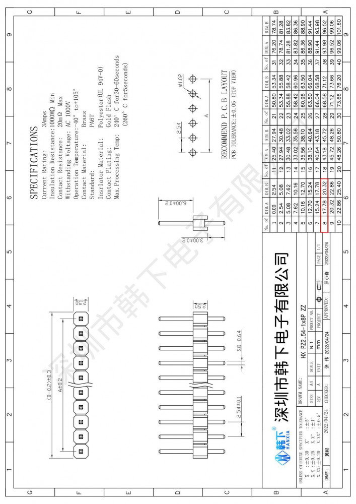 HX PZ2.54-1x8P ZZ specification page 1