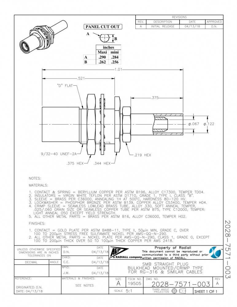 Radiall drawing for SMB straight plug bulkhead-mounted crimp connector, model 2028-7571-003