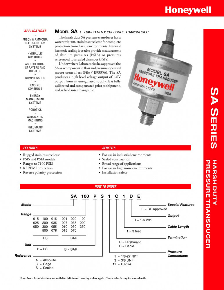 Honeywell SA pressure transducer documentation page 1