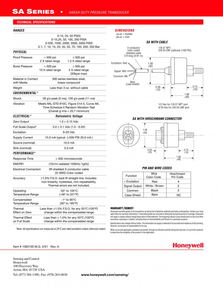 Honeywell SA pressure transducer documentation page 2