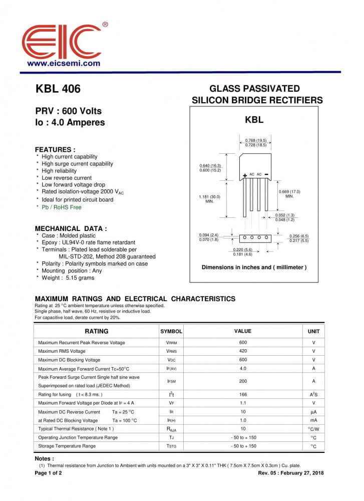 EIC KBL406 datasheet page 1