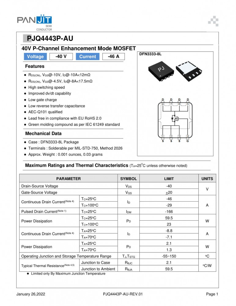 PJQ4443P-AU datasheet page 1