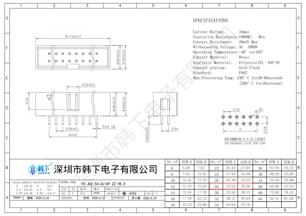 HX JN2.54-2x14P ZZ H8.9 technical drawing page