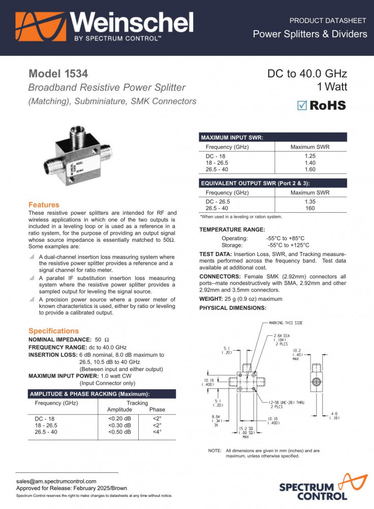 Model 1534 product datasheet page