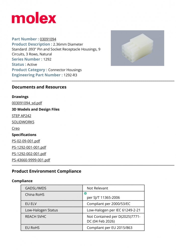 MOLEX .093 Standard Pin Terminals specification page 1