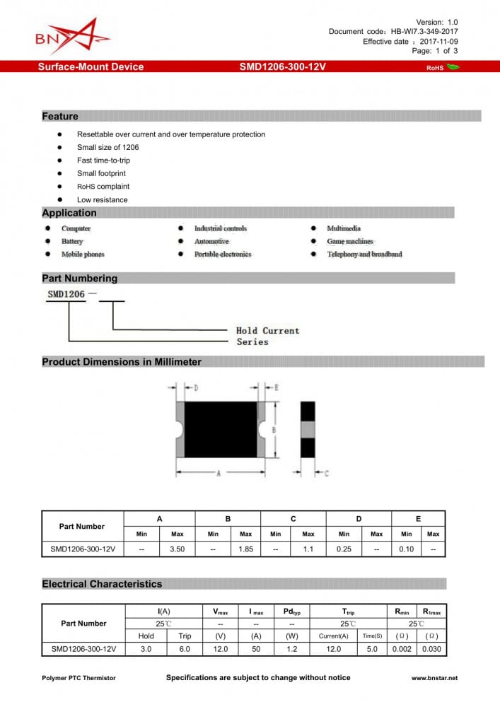 BNstar SMD1206-300-12V datasheet page 1