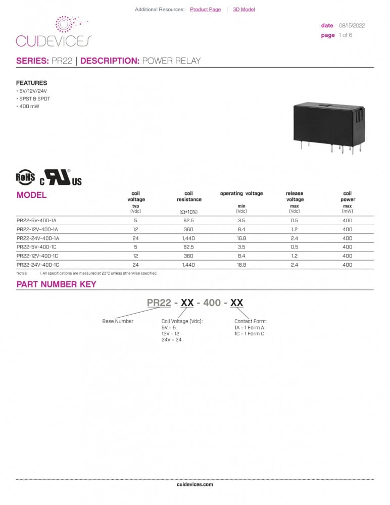 CUI PR22 relay datasheet page 1