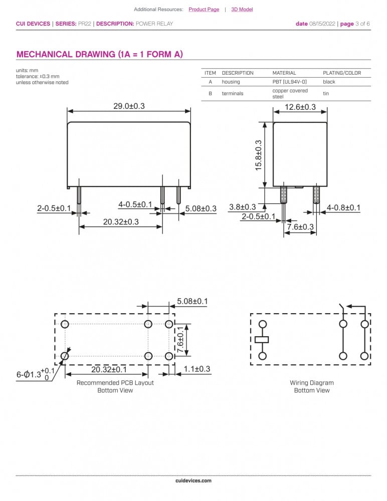 CUI PR22 relay datasheet page 3