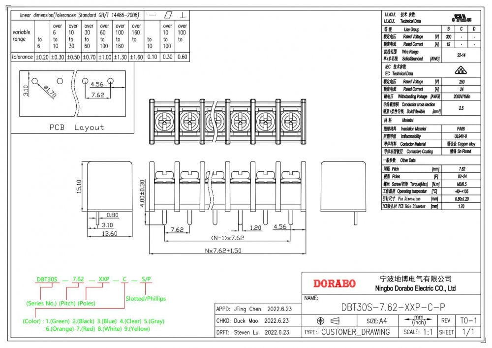 DORABO DBT30S-7.62 PCB terminal block technical drawing
