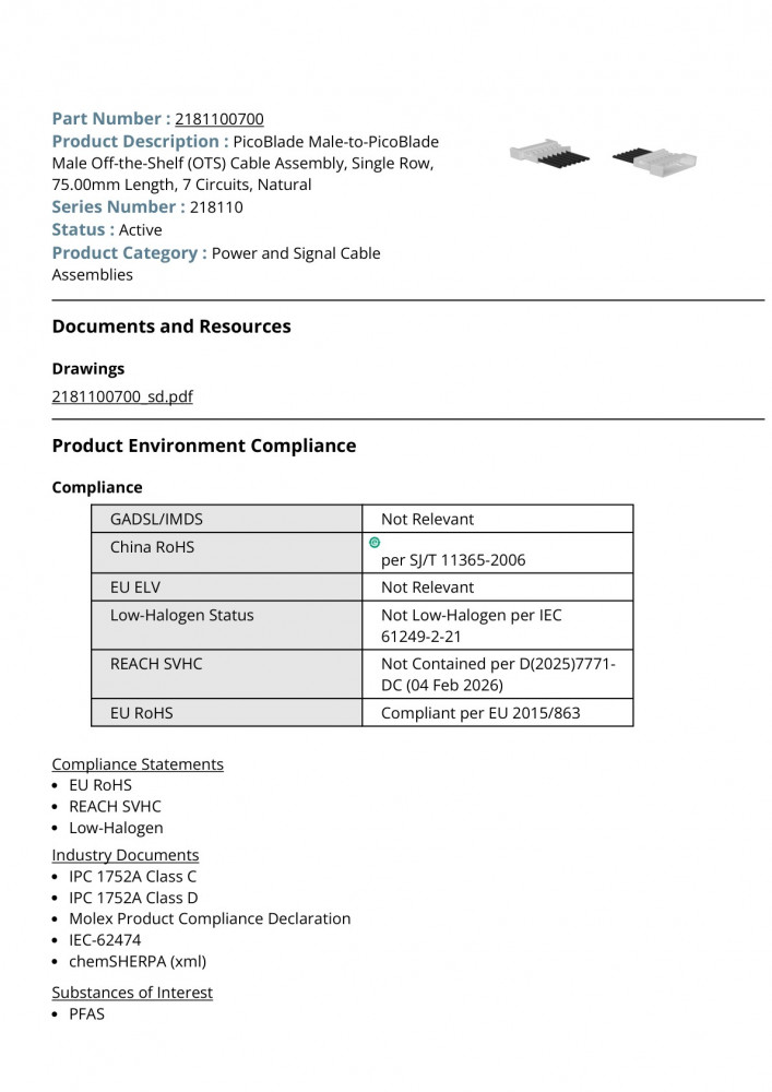 MOLEX 2181100700 product drawing, page 1