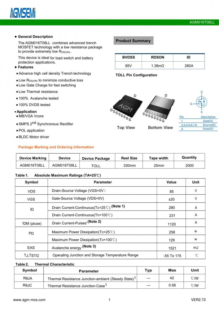 AGM016T08LL technical document page 1