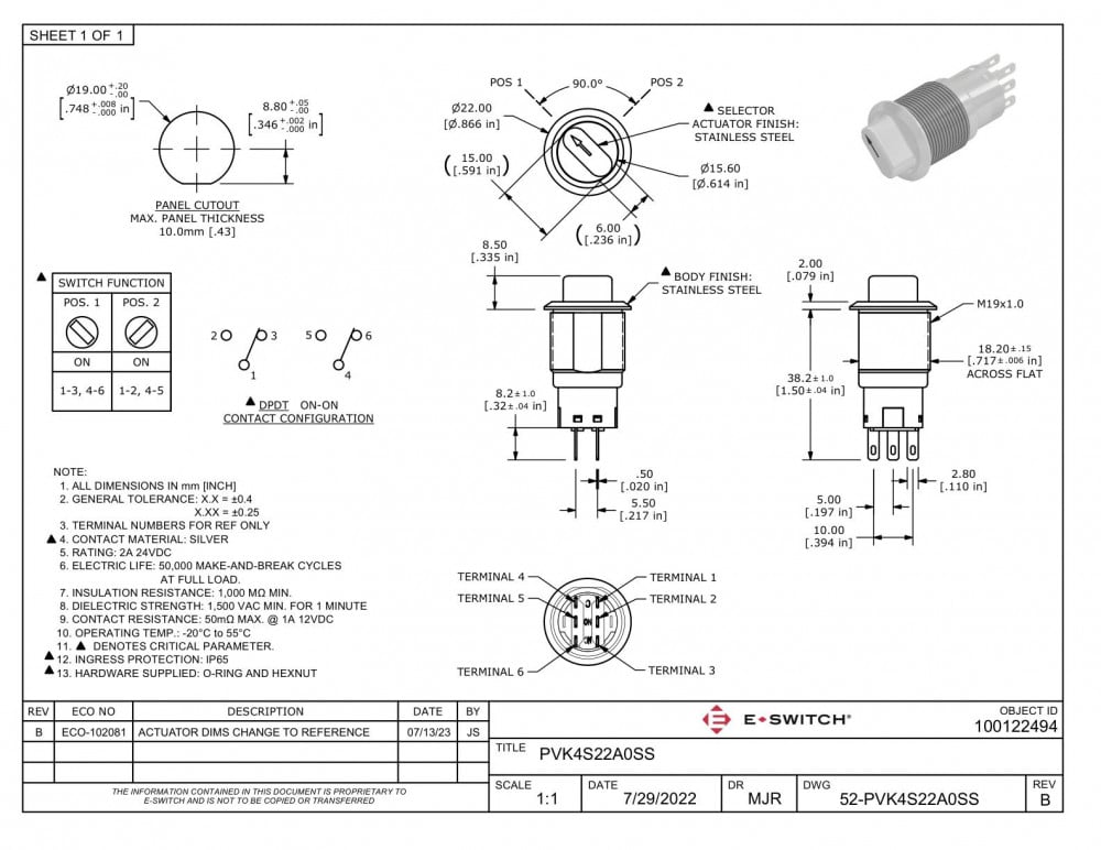 E-Switch PVK4S22A0SS technical drawing