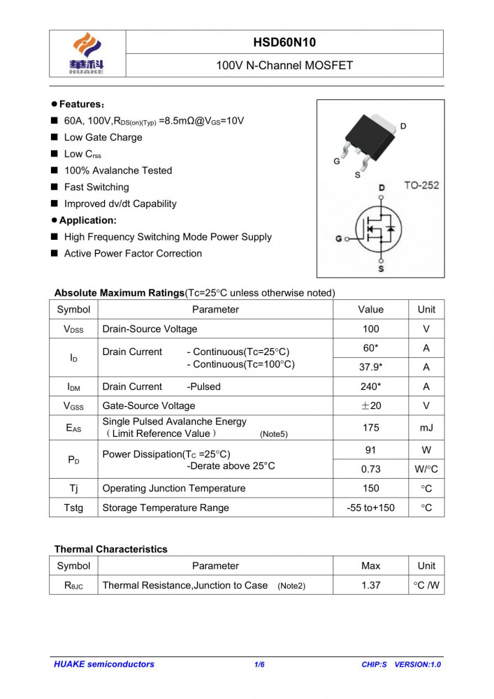 HSD60N10 datasheet page 1