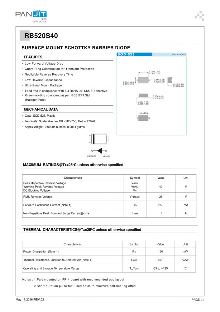 PANJIT RB520S40 datasheet page 1