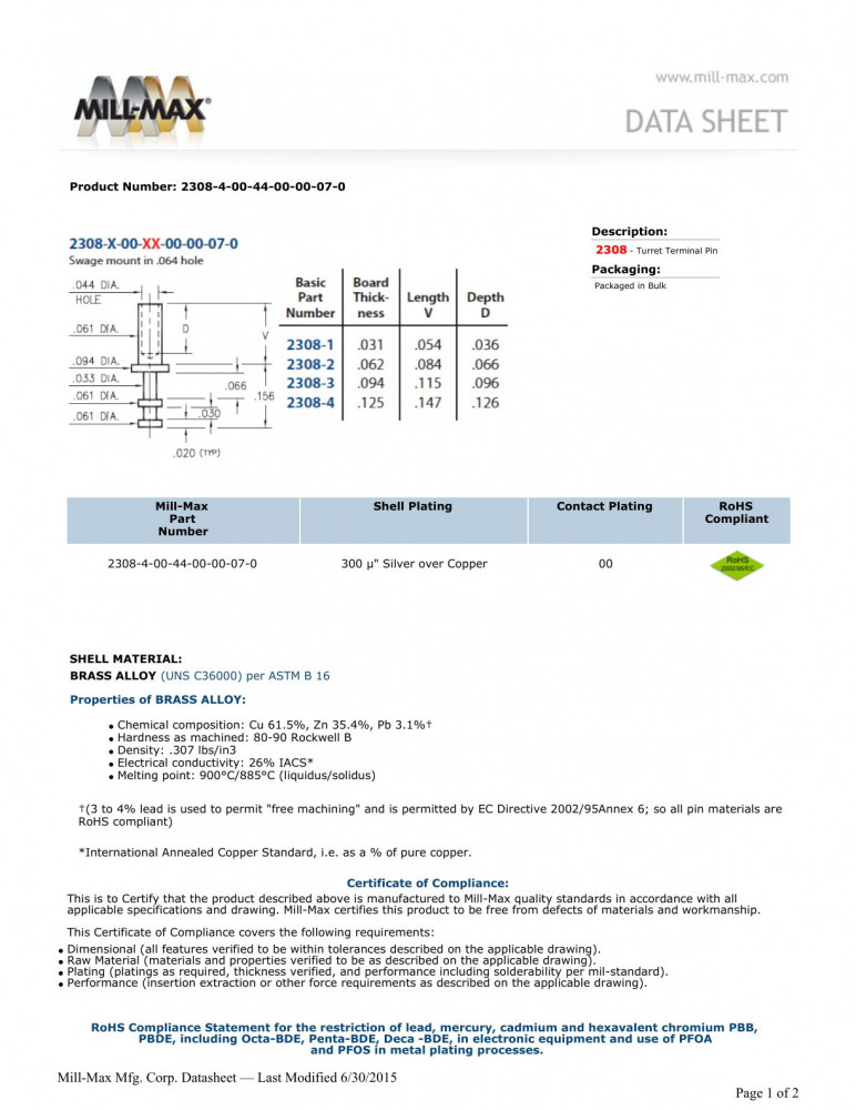 Mill-Max 2308-4 product drawing page 1
