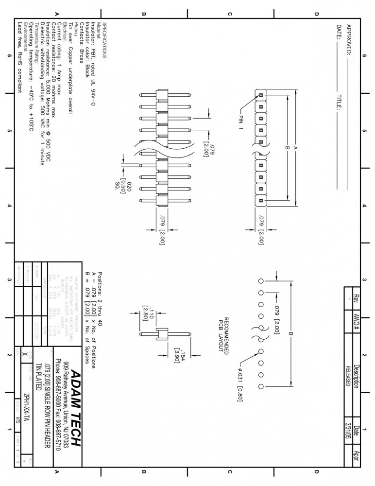 ADAM TECH 2.00 mm single-row pin header drawing page