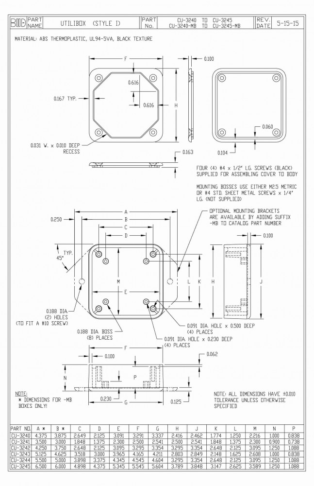 Bud Industries Utilibox Style I CU-3240 to CU-3245 dimensional drawing, including CU-3244 dimensions
