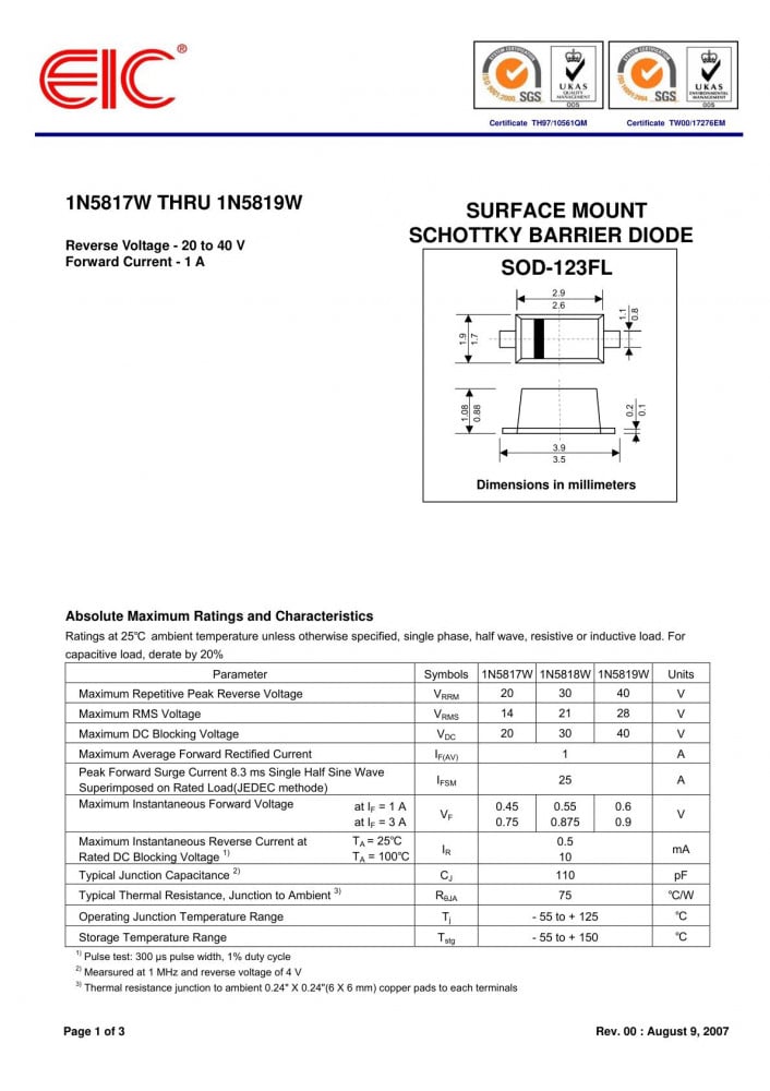 EIC 1N5817W through 1N5819W datasheet page 1